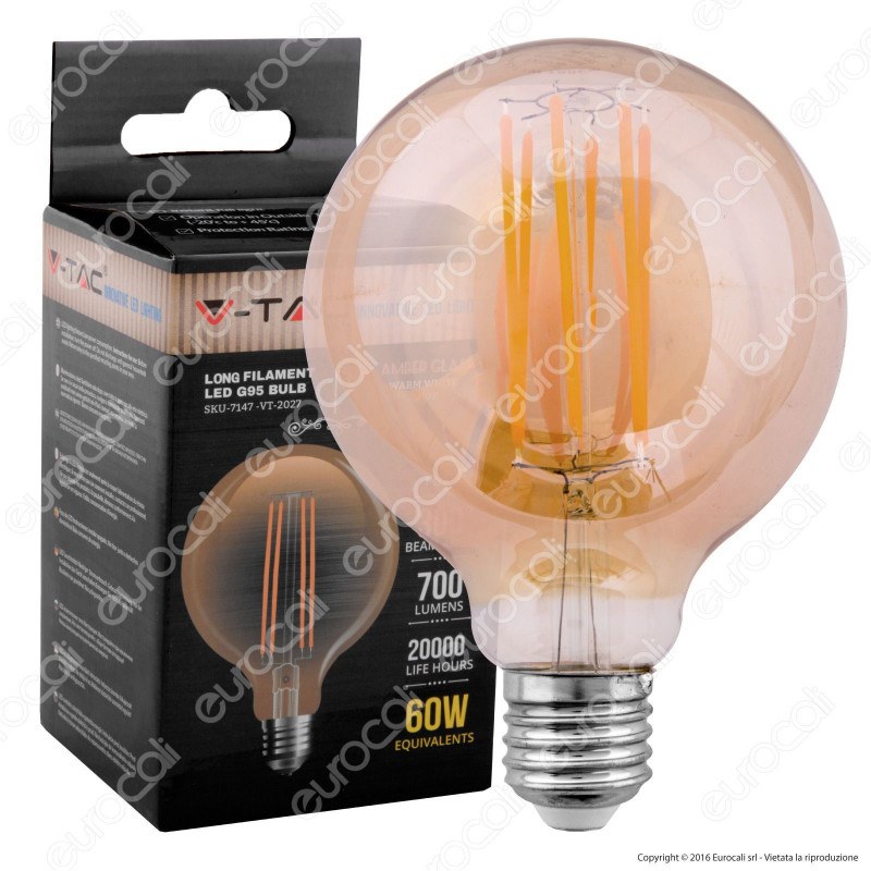 V-Tac VT-2027 Lampadina LED E27 7W Globo G95 Filamento Ambrata - SKU