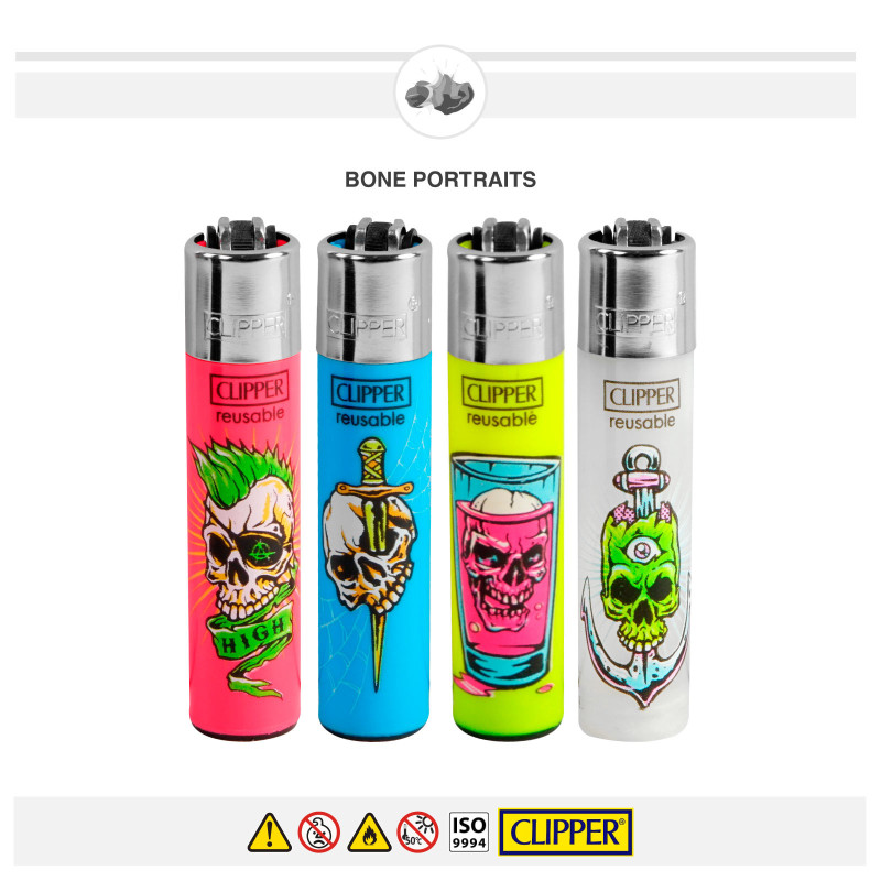 Clipper Bone Portraits Ricaricabili 4 Accendini a Pietrina
